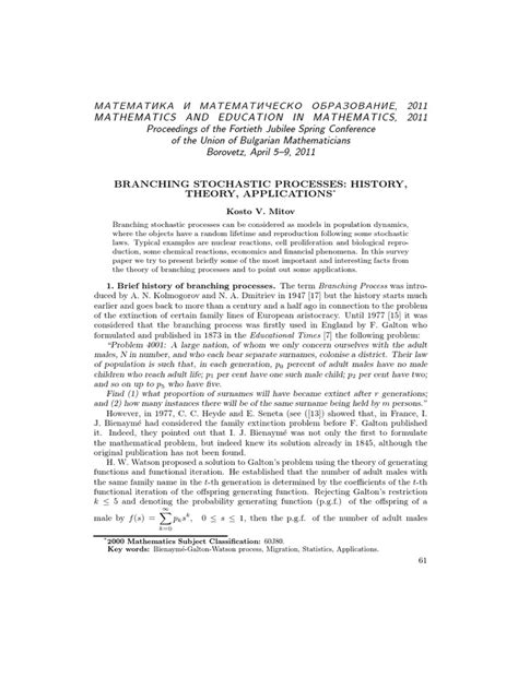 Branching Stochastic Processes History Theory Applications Mitov 2011 Pdf Stochastic