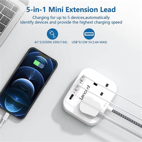 Lencent Extension Lead With Usb Ports 2 Way Outlets Power Strip With 3 Usb Ports Multi Plug