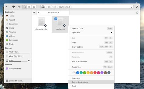 Добавить Открыть файл папку от имени рут администратора в Elementary Os 6
