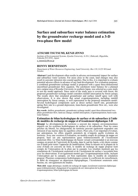 Pdf Surface And Subsurface Water Balance Estimation By The Groundwater Recharge Model And A 3