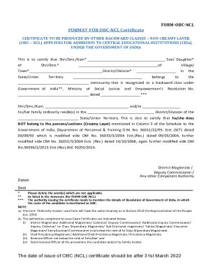 Fillable Online Doms Iitm Ac Prescribed Format Of OBC NCL Certificate Fax Email Print PdfFiller