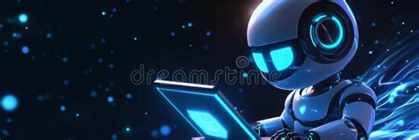 Cute Friendly Artificial Intelligence Robot Using Laptop Computer With Blue Neon Glow Light