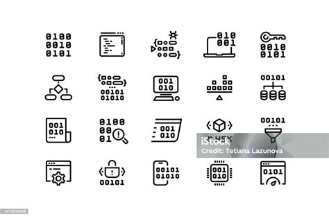 프로그래밍 코드 줄 아이콘 바이너리 육각 및 기계 코드 컴파일 및 실행 소프트웨어 및 운영 체제 개발 벡터 편집 가능한 획 모음