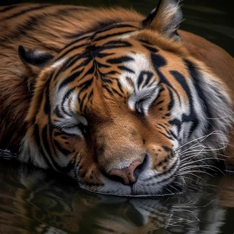 A Tiger Is Sleeping In The Water With Its Eyes Closed Premium Ai