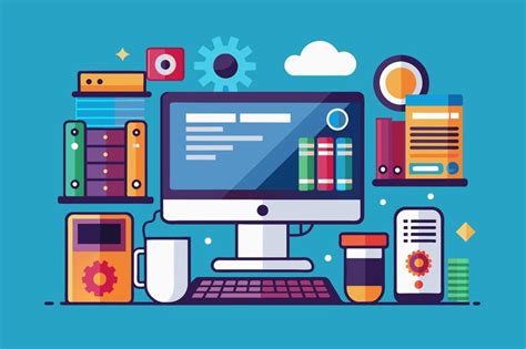 Premium Vector A Modern Desktop Computer Sits On Top Of A Desk In An Office Setting Modern