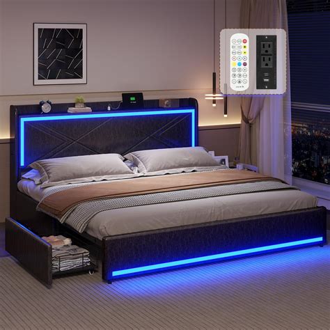 King Size Led Bed Frame With Shelf Storage Usb C Charge Faux Leather