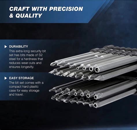 Neiko Extra Long Security Bit Set 32 Piece Set S2 Steel 14 Inch Hex Shank 6 Inch Length