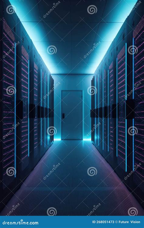 Computer Servers With Blue Lights In Server Farm Created Using Generative Ai Technology Stock