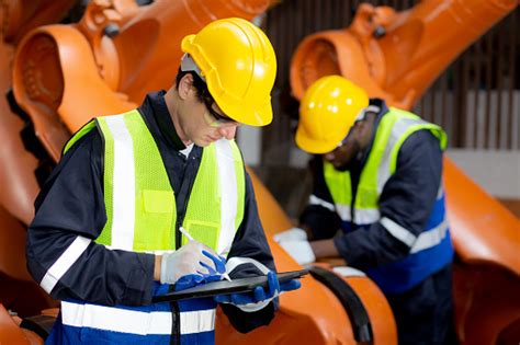 두 명의 젊은 엔지니어 남자 검사 및 유지 보수 기계 로봇 무기 기술 지능 및 혁신 공장 산업 사람 또는 기술자는 로봇 검사관