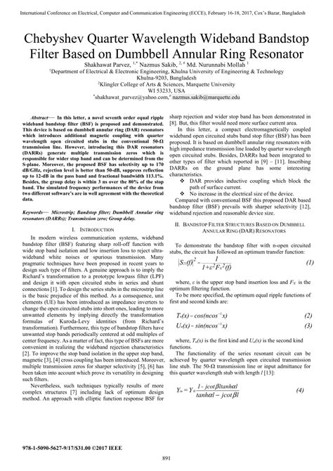 Pdf Chebyshev Quarter Wavelength Wideband Bandstop Filter Based On Dumbbell Annular Ring Resonator