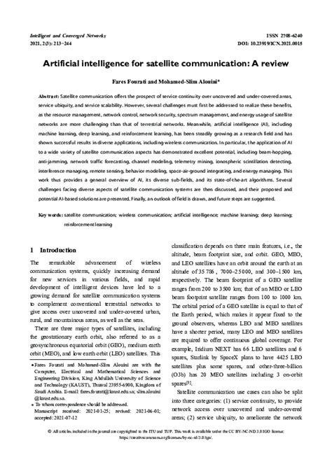 Pdf Artificial Intelligence For Satellite Communication A Review