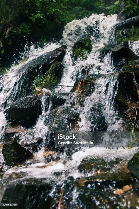 여름에는 산강에서 물을 부글부글 끓입니다 흐르는 물이 가까이 아무도 돌과 빠른 차가운 회색 물입니다 여행과 모험 물방울 사람이없는 더운 계절에 유럽의 자연 0명에 대한 스톡