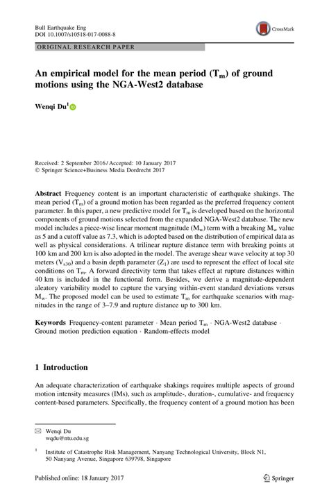 Pdf An Empirical Model For The Mean Period Tm Of Ground Motions Using The Nga West2 Database