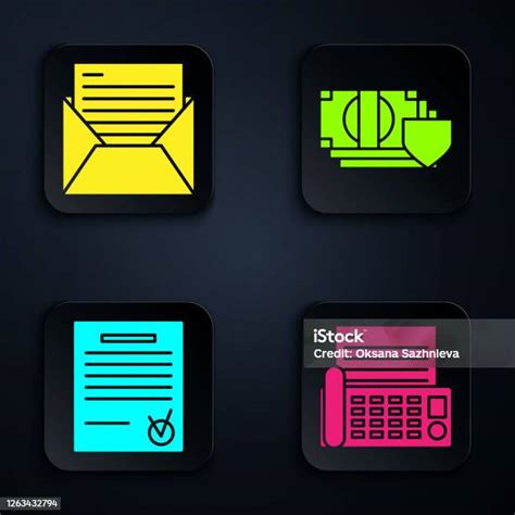 팩스 기계 메일 및 전자 메일 확인 된 문서 및 확인 표시 및 방패와 돈을 설정합니다 검은 색 사각형 버튼 벡터 건강 검진에 대한 스톡 벡터 아트 및 기타 이미지 Istock
