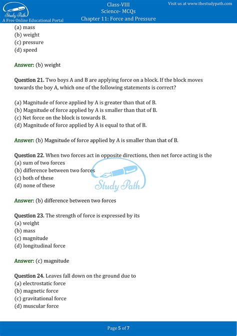 Class Science Chapter Force And Pressure MCQ With Answers