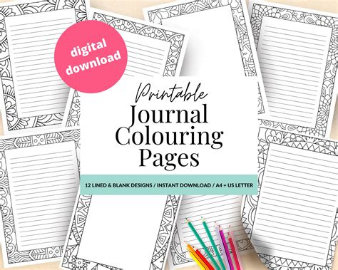 Colouring Journal Pages Printable Lined Pages Stationery Paper