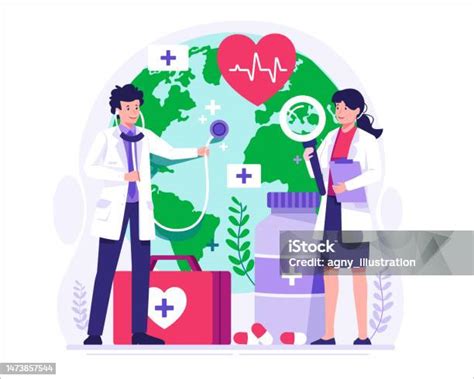 세계 보건의 날 의사는 청진기로 세계 지구의 건강을 확인합니다 우리의 지구 우리의 건강 벡터 일러스트 레이 션 4월에 대한 스톡 벡터 아트 및 기타 이미지 Istock