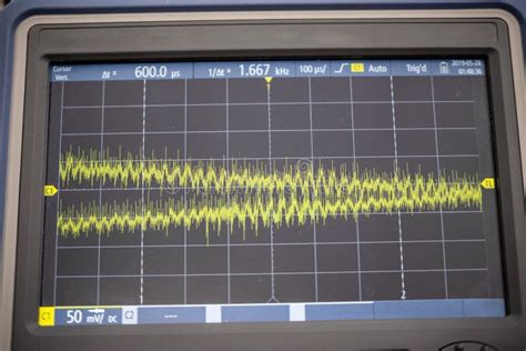High Resolution Close Up Of An Oscilloscope Screen Showing An Electrical Waveform At 1 667 Khz
