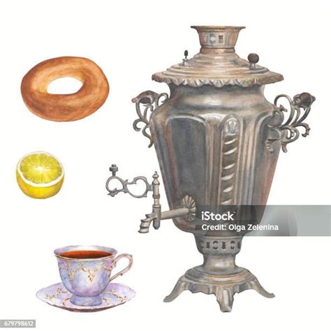 수채화 티 타임 컬렉션입니다 사모바르 흰색 배경에 차 베이글 레몬 도자기 컵 수채화에 대한 스톡 벡터 아트 및 기타 이미지