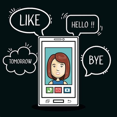 만화 스마트 폰 여자 모바일 채팅 프리미엄 벡터