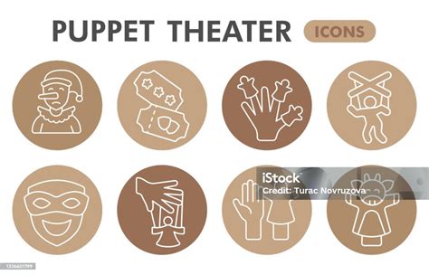현대 인형 극장 인포 그래픽 디자인 템플릿 갈색 배경에 8 단계 원 디자인과 마리오 네트 인포그래픽 시각화 프리젠 테이션을위한 축제 템플릿 크리에이티브 벡터 마리오네트에
