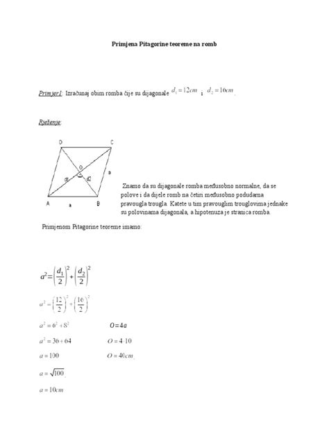 Primjena Pitagorine Teoreme Na Romb Pdf