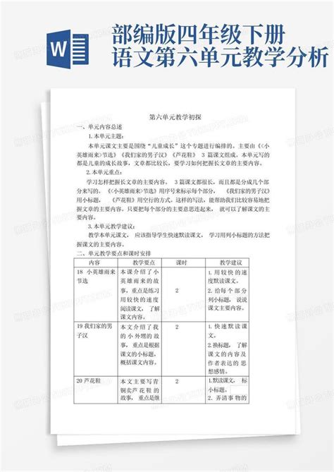 部编版四年级下册语文第六单元教学分析word模板下载编号qyggxwda熊猫办公