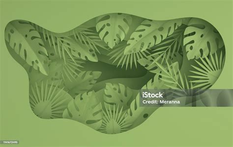 열 대 종이 야자수 나뭇잎 프레임입니다 여름 열 대 녹색 잎입니다 종이 접기 이국적인 하와이 정글 단풍 여름 배경 종이 절단 미니 멀 스타일 3d 렌더 0명에 대한 스톡