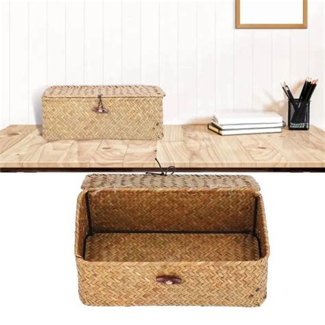 Handmade Storage Basket With Lid Rectangular Seaweed Rattan Fabric Cosmetics Multi Purpose