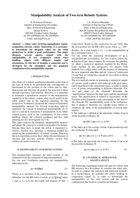 Pdf Manipulability Analysis Of Two Arm Robotic Systems