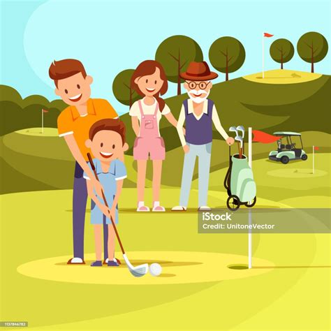 아버지는 아들의 골프를 가르치고 가족을 지켜보고 있습니다 골프에 대한 스톡 벡터 아트 및 기타 이미지 골프 가족 아버지
