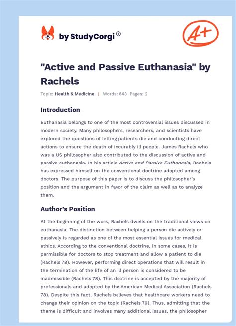 Active And Passive Euthanasia By Rachels Free Essay Example