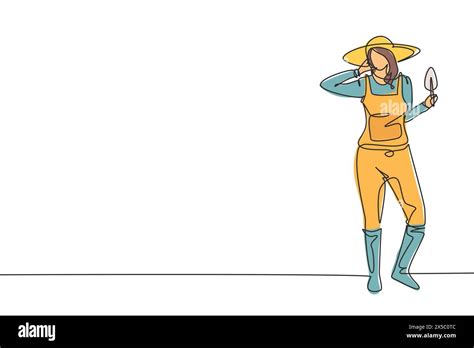 Single Continuous Line Drawing Female Farmer Stood With Call Me Gesture