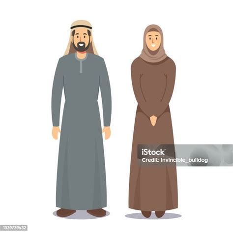 남자와 여자 아랍어 사람들 히잡에서 전통적인 국가 의상과 소녀 옷을 입은 수염이 있는 아라비아 남성 캐릭터 아랍에미리트 연합에