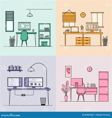 Flat Design Of Working Table With Computer Desktop Equipment Working Desk With Table Chair