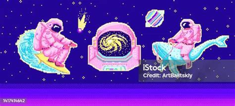 픽셀 아트 우주 비행사 스페이스맨 8 비트 객체 우주 예술 디지털 아이콘 고래 달 파도에 우주 비행사 복고풍 자산 빈티지 게임 스타일 문자 집합입니다 벡터 일러스트레이션 8