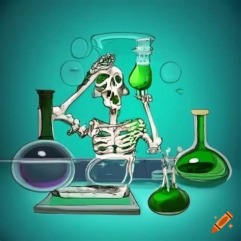 Skeleton Scientist Creating A Green Potion In A Comic Style Laboratory