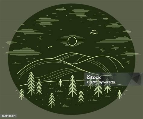 아름다운 경치 좋은 초원과 소나무 벡터 어두운 야외 하이킹 캠핑 개미 여행 활동적인 라이프 스타일 라인 아트 그리기 자연에 선형 삽화 일러스트레이션에 대한 스톡 벡터 아트