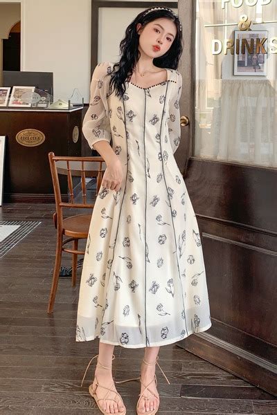 Pt274 빅사이즈 배색 라인 플라워 쉬폰 롱 원피스