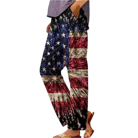 Heilau Linen Pants For Women American Flag Independence Day 4th Of July