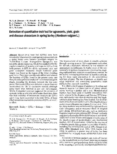 Pdf Detection Of Quantitative Trait Loci For Agronomic Yield Grain And Disease Characters In