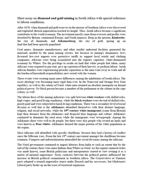 Short Essay On Diamond And Gold Mining In South Africa With Special