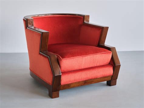 Cubist Art Deco Armchair In Vermilion Mohair Velvet And Maple Belgium
