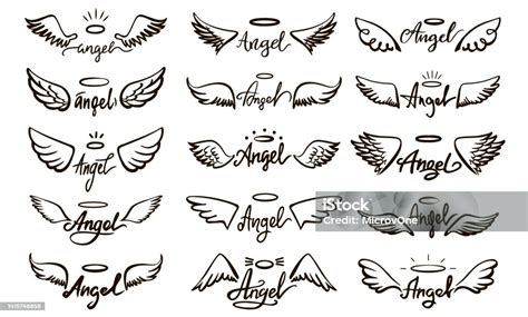 천사 레터링과 날개 스케치 성령 성자 천사들이 후광으로 날개를 달고 있습니다 예술은 새의 깃털 요소를 날고 있습니다 카드 초대장 또는 인쇄물을위한 검은 손으로 그린 네오