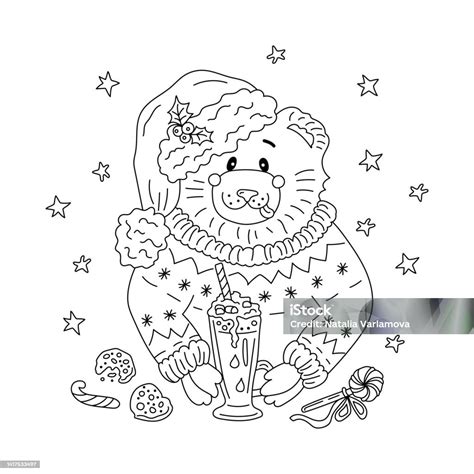 크리스마스 색칠 공부 페이지 뜨거운 음료 밀크 셰이크 달콤한 칵테일을 곰 라인 아트 벡터 일러스트레이션 가공의 인물에 대한 스톡 벡터 아트 및 기타 이미지 Istock