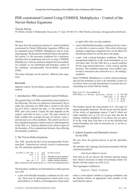 Pdf Pde Constrained Control Using Femlab Control Of The Navier Stokes Equations