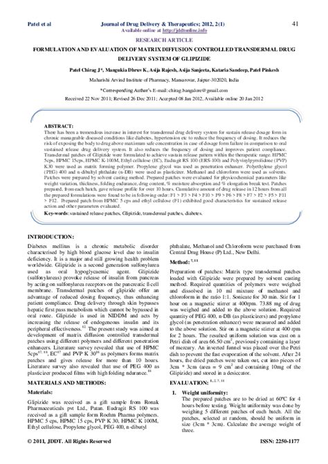 Pdf Matrix Diffusion Controlled Glipizide Transdermal Patches