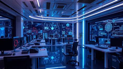 Futuristic Blue Lit Control Room With Multiple Computer Workstations