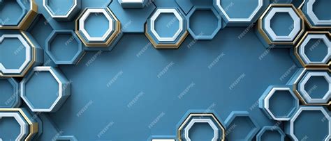 Abstract Hexagon Pattern With Gold And White Accents On Blue Background