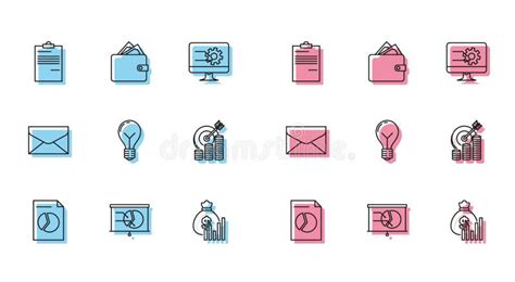 Set Line Document With Graph Chart Board Money Bag And Diagram Light Bulb Concept Of Idea